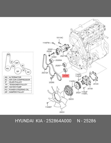 Ролик ремня приводного hyundai starex Hyundai-KIA 25286-4A000 купить на ...
