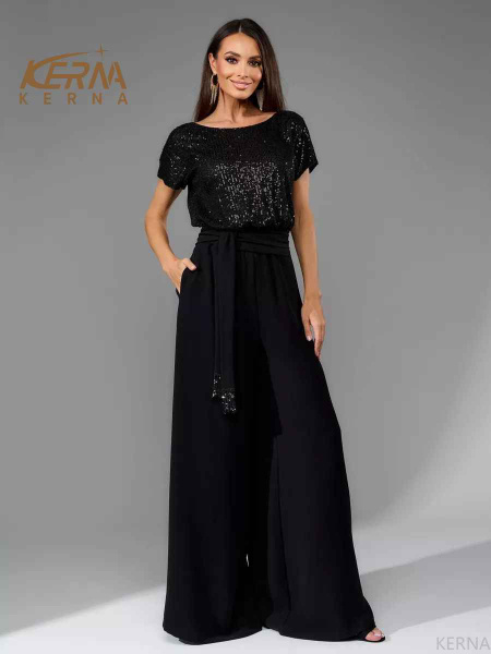 Комбинезон Женский KERNA, размер 46, рост 160-180 черный На любой сезон Декольте, Кристаллы с ...