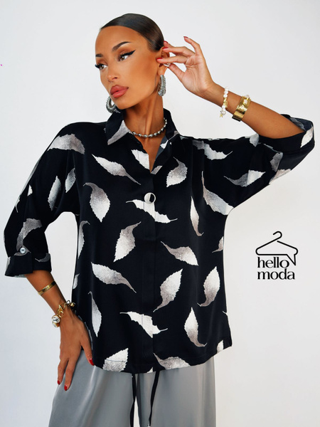 Блузка Женский HELLO MODA! черный, серый Полиэстер Три четверти Абстракция, размер 48 Шнурок ...