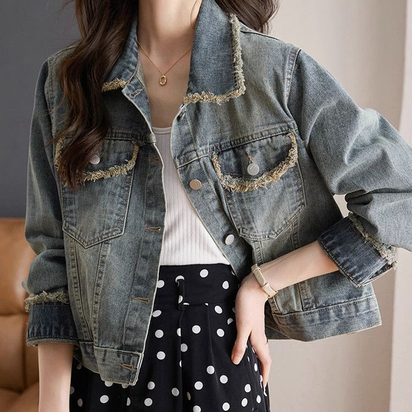 Куртка Женский YIFU HOME Карманы, Кисточки светло-синий Деним, Хлопок, размер 46 Длинный ...