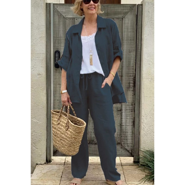 Комплект одежды Женский YIFU HOME Повседневный бирюзовый, размер 60 Лавсан, Лён Однотонный Китай ...