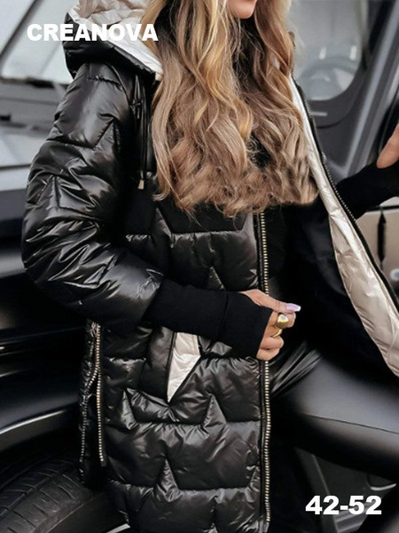 Пуховик Женский CREANOVA Карманы черный V-образный Искусственный пух, размер 44 Длинный Зима ...