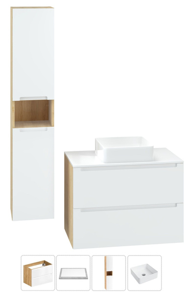 Комплект 4 в 1: подвесная тумба ЗОВ 80 см с раковиной Helmken 37 см, шкаф-пенал универсальный ...