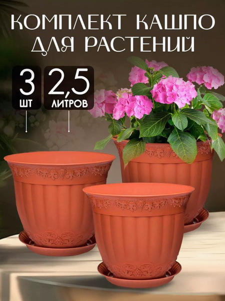 Комплект 3 шт пластиковых горшков для цветов 2.5 л Elfplast 214 "Флора" кашпо для растений с ...