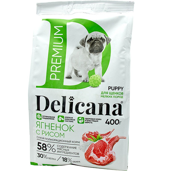 Сухой корм Delicana - для щенков мелких пород, ягненок и рис, 400г, 1шт ...