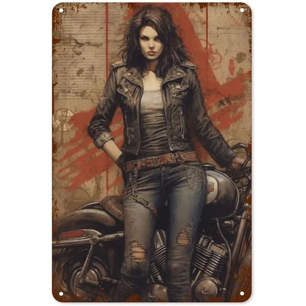 Ретро металлический оловянный логотип Sexy Girl Motorcycle Funny Art