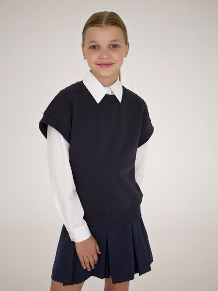 Жилет Девочки Valini темно-синий Хлопок, Полиэстер, размер 146 свободный трикотажный Без ...