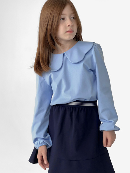 Блузка Девочки LIGGO голубой, небесно-голубой Кулирная гладь Воротник Длинный, размер 128 прямой ...