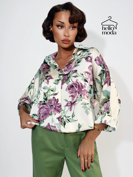 Блузка Женский HELLO MODA! молочный, сиреневый Полиэстер Три четверти Анималистический, размер ...