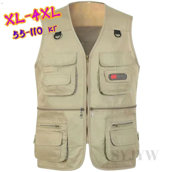 Жилет Мужской SYJYW хаки Полиэфирный шелк, размер 50 Карманы Без рукавов Молния Повседневный ...