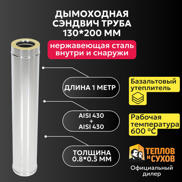 Сэндвич труба для дымохода 130x200 мм Aisi 430 0 8 мм Aisi 430 0 5