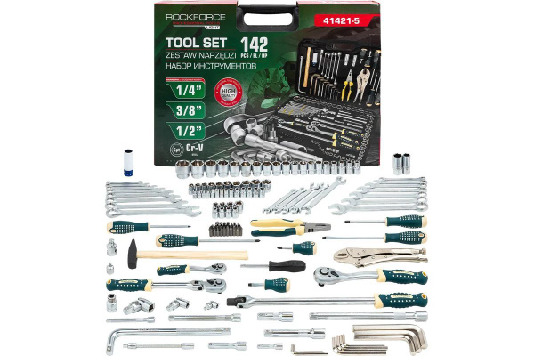 Набор инструмента RF-LIGHT-41421-5: 1/2"&1/4"&3/8"DR с 6-гранными головками 142пр. ROCKFORCE ...