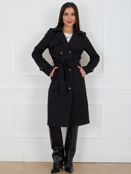 Плащ Женский SLN глубокий черный Средний Пояс/ремень, Воротник, размер 44, 46 Хлопок, Вискоза ...