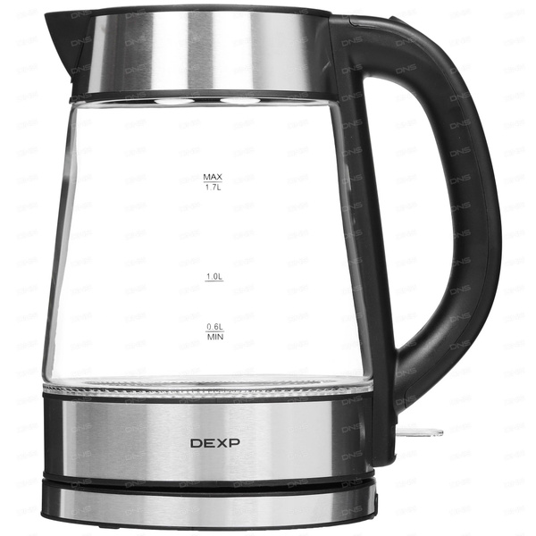 Электрочайник DEXP EK-06GPS стекло, металл, 1.7 л, 2000 Вт, фильтр, скрытый нагревательный ...