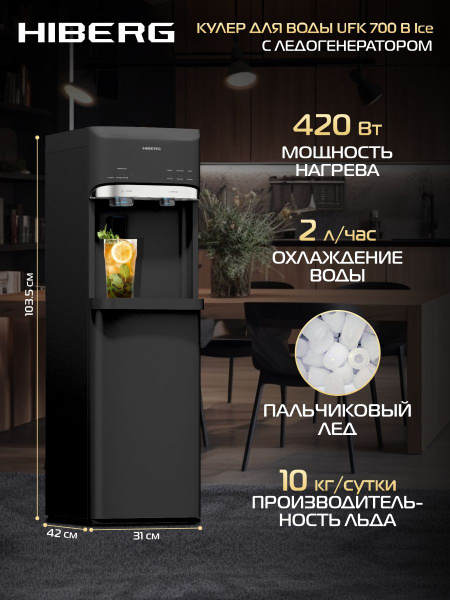 Напольный кулер для воды с ледогенератором HIBERG UFK 700 B Ice, черный ...