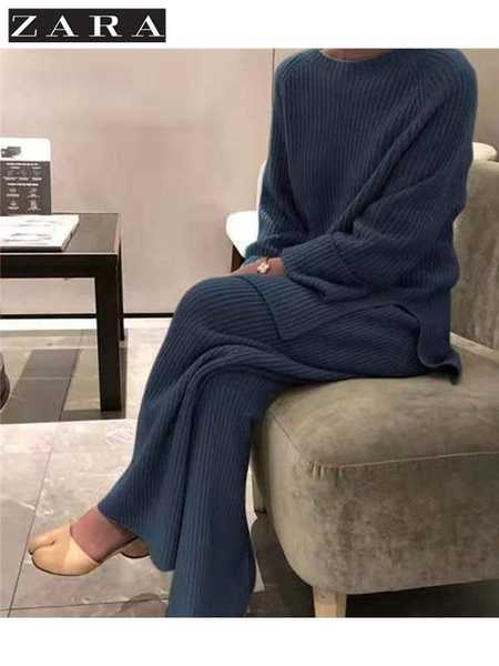 Комплект одежды Женский Zara Повседневный брючный, двойка синий, размер 44 Политекс Однотонный ...