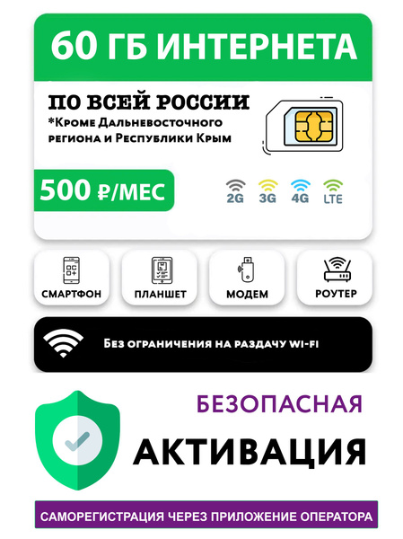 WHYFLY SIM-карта SIM-карта Мегафон 60 гб интернета 3G/4G/LTE для смартфонов, модемов, роутеров ...