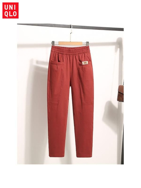 Брюки Женский Uniqlo широкие красный Хлопок Повседневный, размер 48 Эластичная облегающий Лето ...