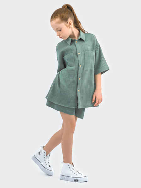 Комплект одежды Девочки Valini Повседневный с шортами оливковый, размер 152 Муслин, Хлопок ...