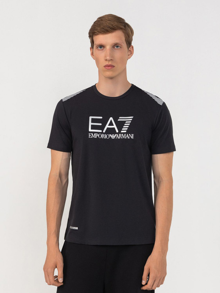 Футболка Мужской EA7 темно-синий, размер 54, 56 Полиэстер, Хлопок Логотип Повседневный Китай ...
