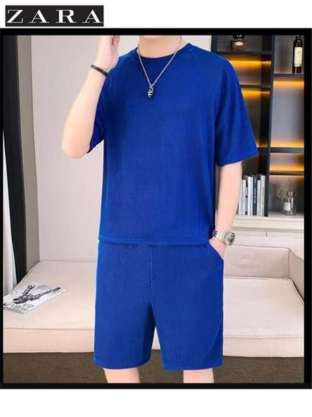 Комплект одежды Мужской Zara Повседневный двойка, с шортами синий, размер 48 Политекс Однотонный ...