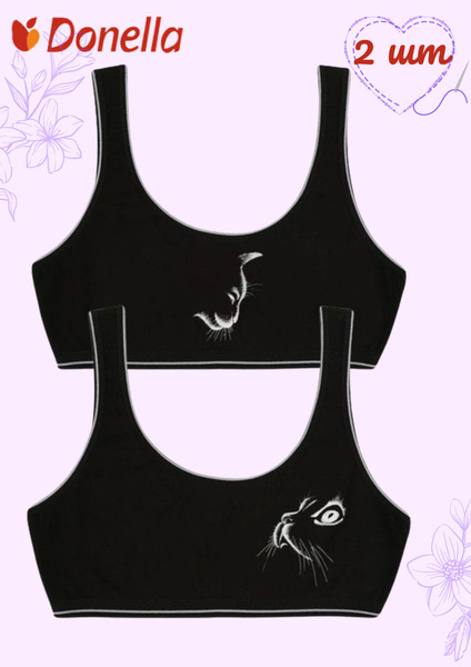 Топ Девочки Donella черный, размер 158 Хлопок Бретельки Повседневный Аппликация Турция ...
