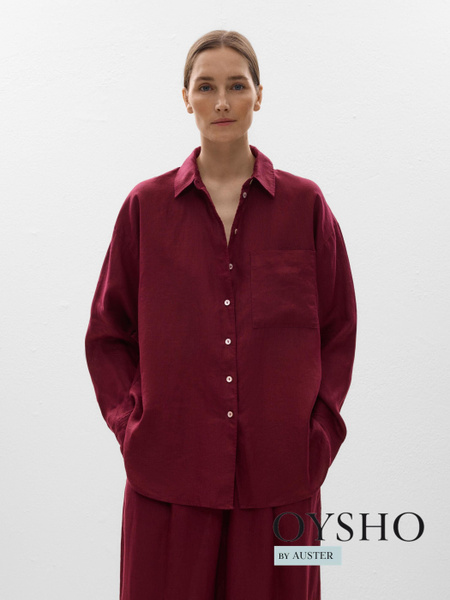 Рубашка Женский Oysho бургунди Длинный Лен Карманы Однотонный, размер 44, 46 свободный Пуговицы ...