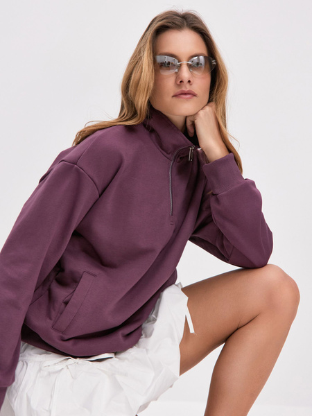 Толстовка Женский Avese фиолетовый Молния Футер трехнитка, размер 46 оверсайз Длинный Однотонный ...