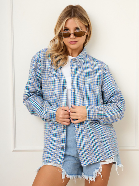 Рубашка Женский MATROSOVA голубой Длинный Хлопок Кнопки Клетка, размер 46, 48 оверсайз Кнопки ...