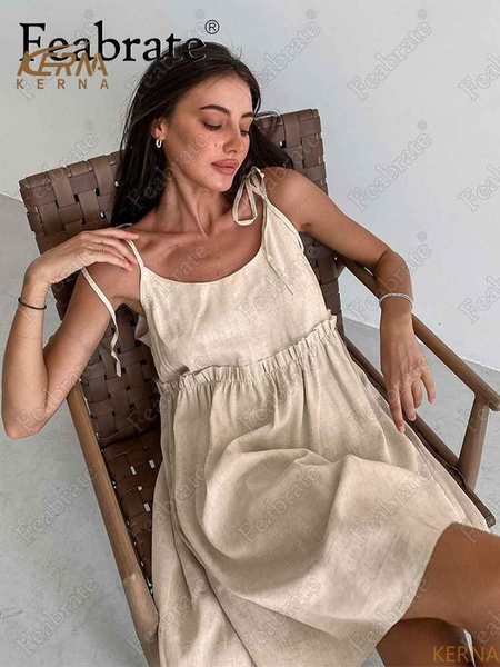 Сарафан Женский KERNA бежевый глянец Повседневный Без рукавов Лен, Хлопок, размер 44 Без ...