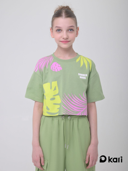 Футболка Девочки Kari хаки Короткий, размер 152 Хлопок Цветочный оверсайз Повседневный ...