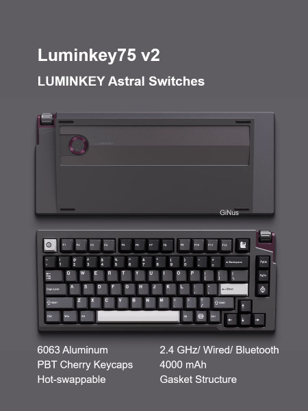 LUMINKEY Игровая клавиатура беспроводная Luminkey75 v2, 2.4 GHz/ Wired/ Bluetooth, Английская ...