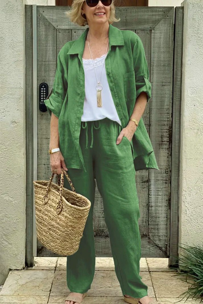 Комплект одежды Женский YIFU HOME Повседневный зеленый, размер 64 Лавсан, Лён Однотонный Китай ...