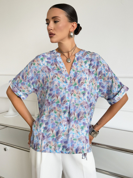 Блузка Женский HELLO MODA! фиолетовый, голубой Хлопок Короткий Цветочный, размер 44, 46 ...