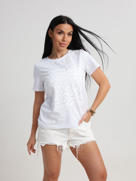 Футболка Женский MIROLINE белый, белый глянец Короткий, размер 44 Хлопок, Лайкра Леопардовый ...