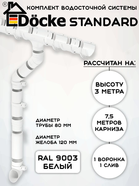 Комплект водосточной системы Docke Standard белый 7,5 метров (120мм/80мм) RAL 9003 купить на ...