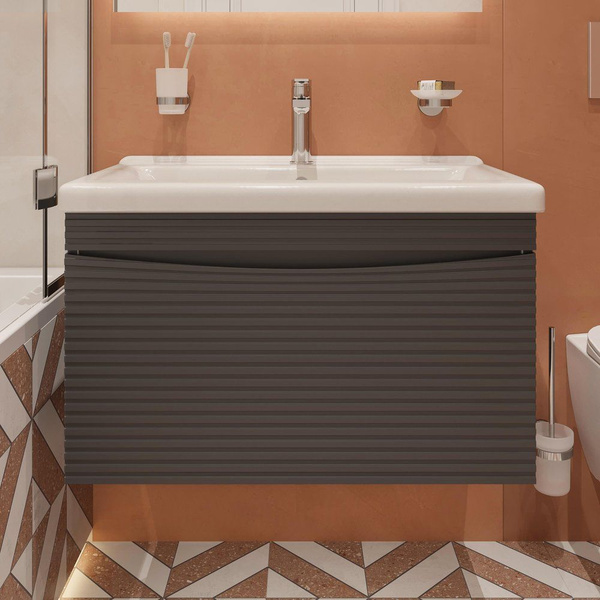 Тумба с раковиной STWORKI Хедмарк 80 подвесная, 80 см, из МДФ, серая, из фаянса, черная с ...