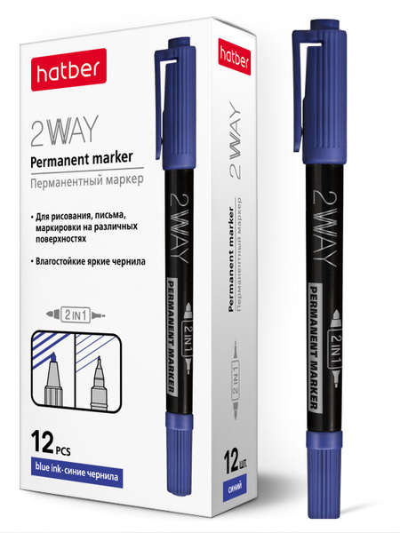 Маркер перманентный Hatber 2WAY Двухсторонний 1 mm/0,5 mm Синий 12шт. в картонной коробке ...