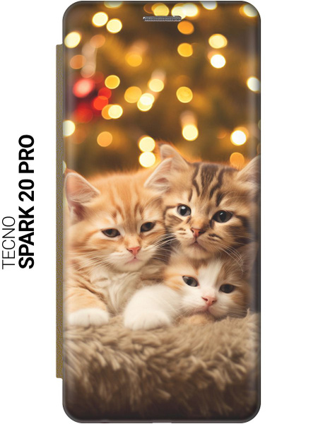 Чехол книжка на Tecno Spark 20 Pro Техно Спарк 20 Про с рисунком Котята и Новый Год золотой
