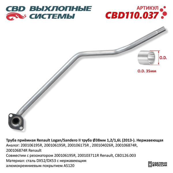 Труба приёмная Renault Logan/Sandero II труба 38мм 1,2/1,6L (2013 ...