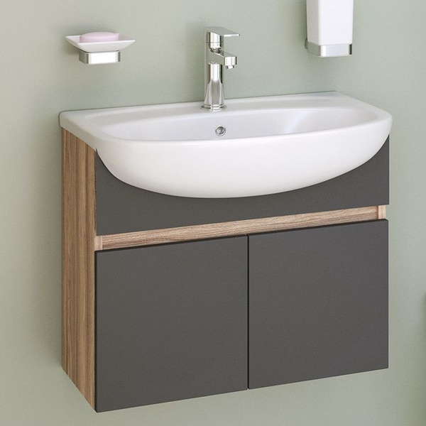 Тумба с раковиной в ванную Runo Лада 50, подвесная, графит, умывальник ...