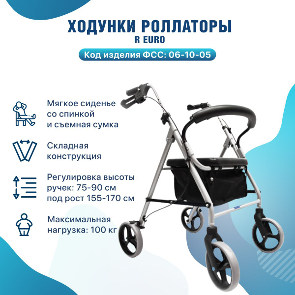 Ходунки-роляторы инвалидные R Euro на колесах с корзиной, складные, с ...