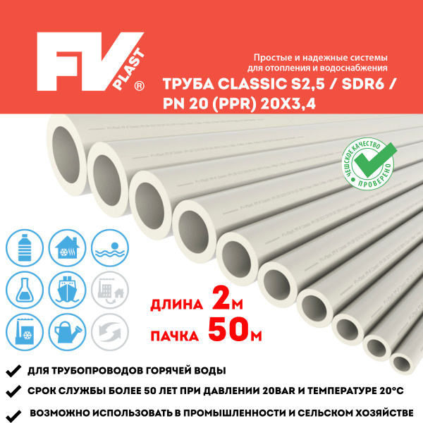 Труба FV PLAST CLASSIC S2,5 / SDR6 / PN 20 (PPR) 20x3,4 по 2м (в пачке 50 метров) - купить по ...
