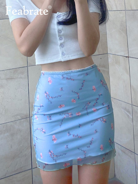 Юбка Женский Feabrate светло-синий Полиэстер, Спандекс, размер 44, 46 Без застежки Мини Тай-дай ...