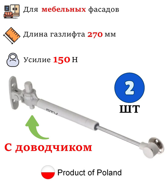 2 шт - Газлифт мебельный с доводчиком 150N для кухонного шкафа, GTV - 2 ...