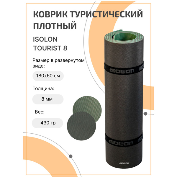 Коврик туристический плотный Isolon Tourist 8 серый/хаки (теплый, походный, тиснение, 2 резинки ...