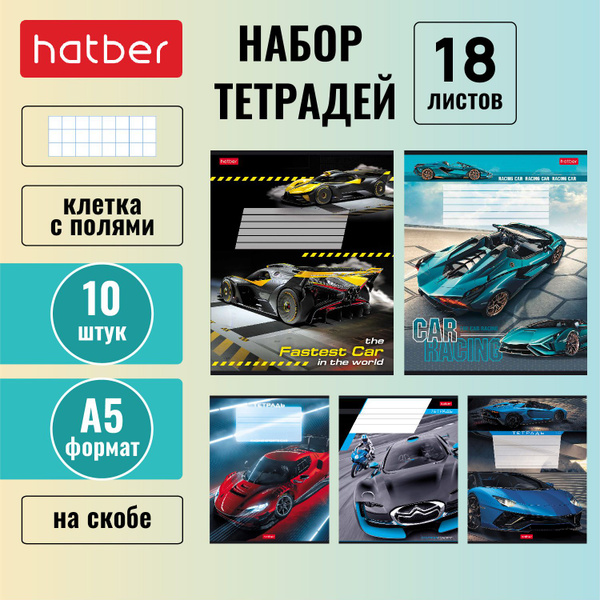 Набор тетрадей Hatber 18 листов, формата А5, в клетку, 65 г/кв. м, на скобе, 10 штук/5 дизайнов ...
