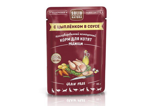 Solid Natura Premium / Паучи Солид Натура Беззерновые для Котят, Цыпленок в соусе, 85г х 14шт ...