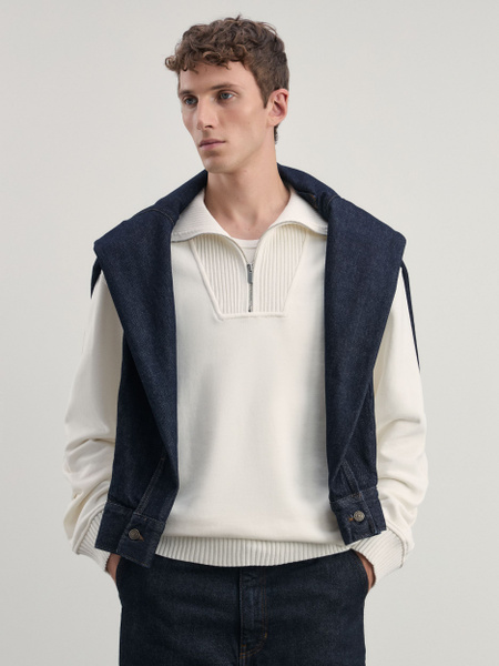 Джемпер Мужской Zarina ванильный Хлопок, размер 52 Молния свободный Длинный Однотонный Китай ...