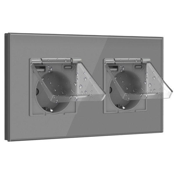 Розетка с Usb и Type C входами C крышкой влагозащищённая 2 поста 16А 250В рамка стекло Серая